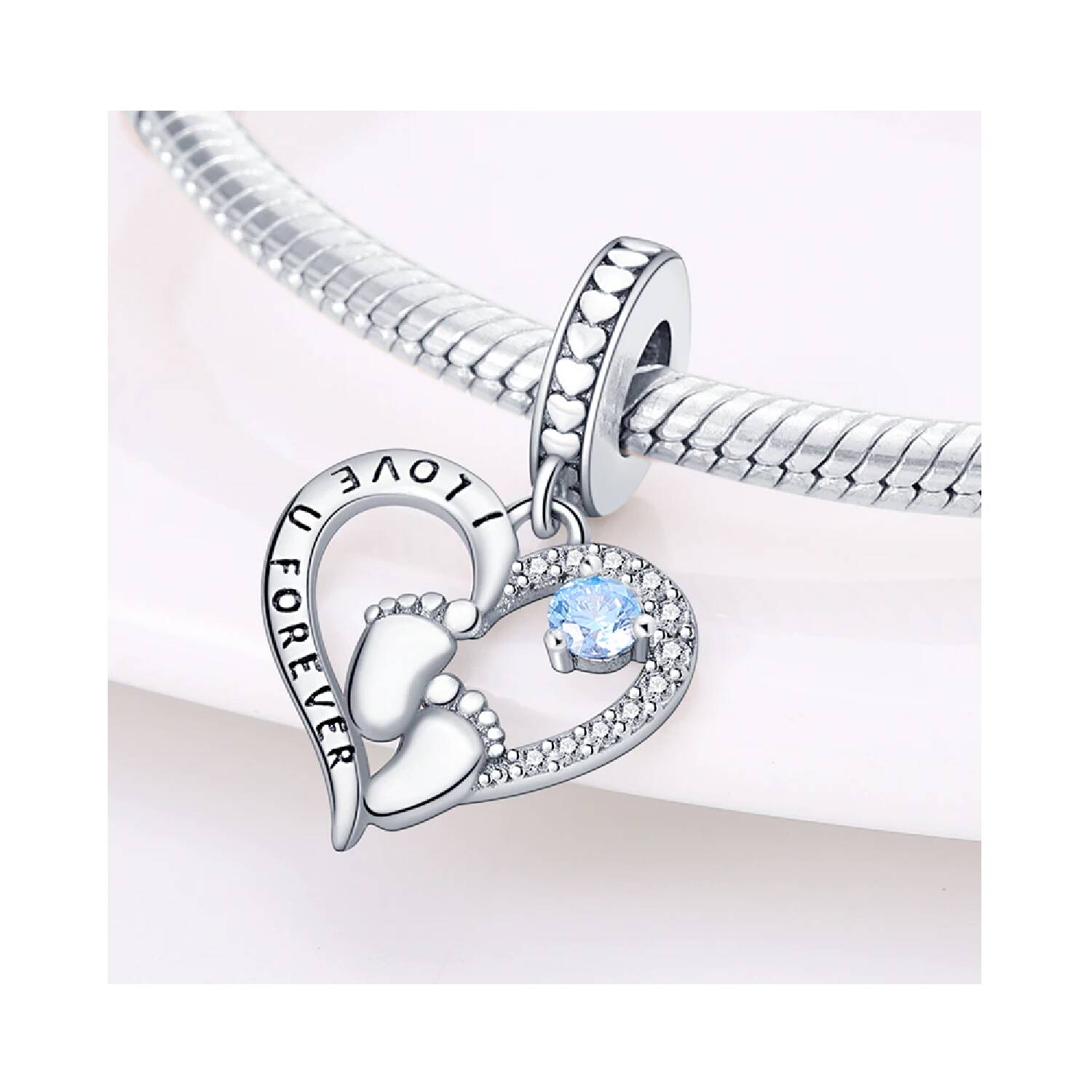 Charm Corazón Amor y Pies de Bebé Azul En Plata 925 - Silver Heart