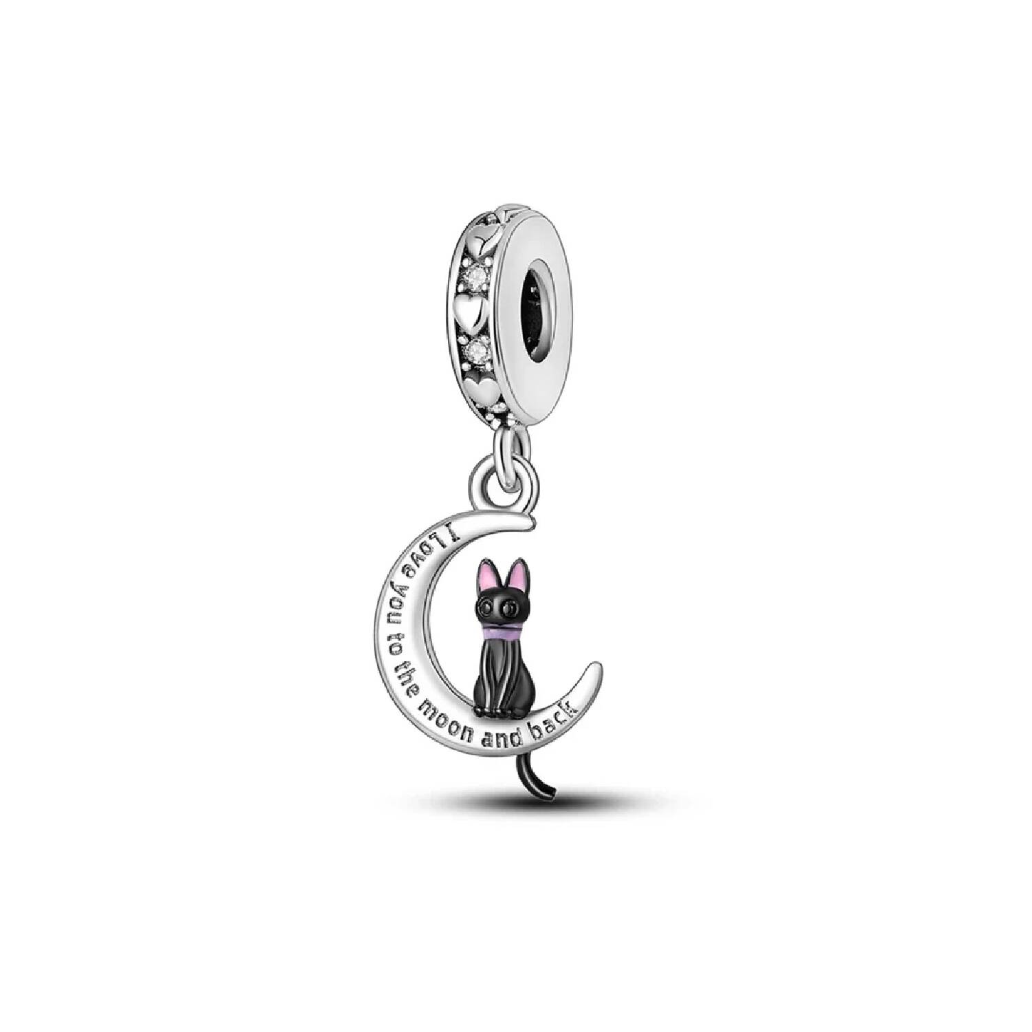 Charm Gato Negro y Media Luna Circones En Plata 925 - Silver Heart