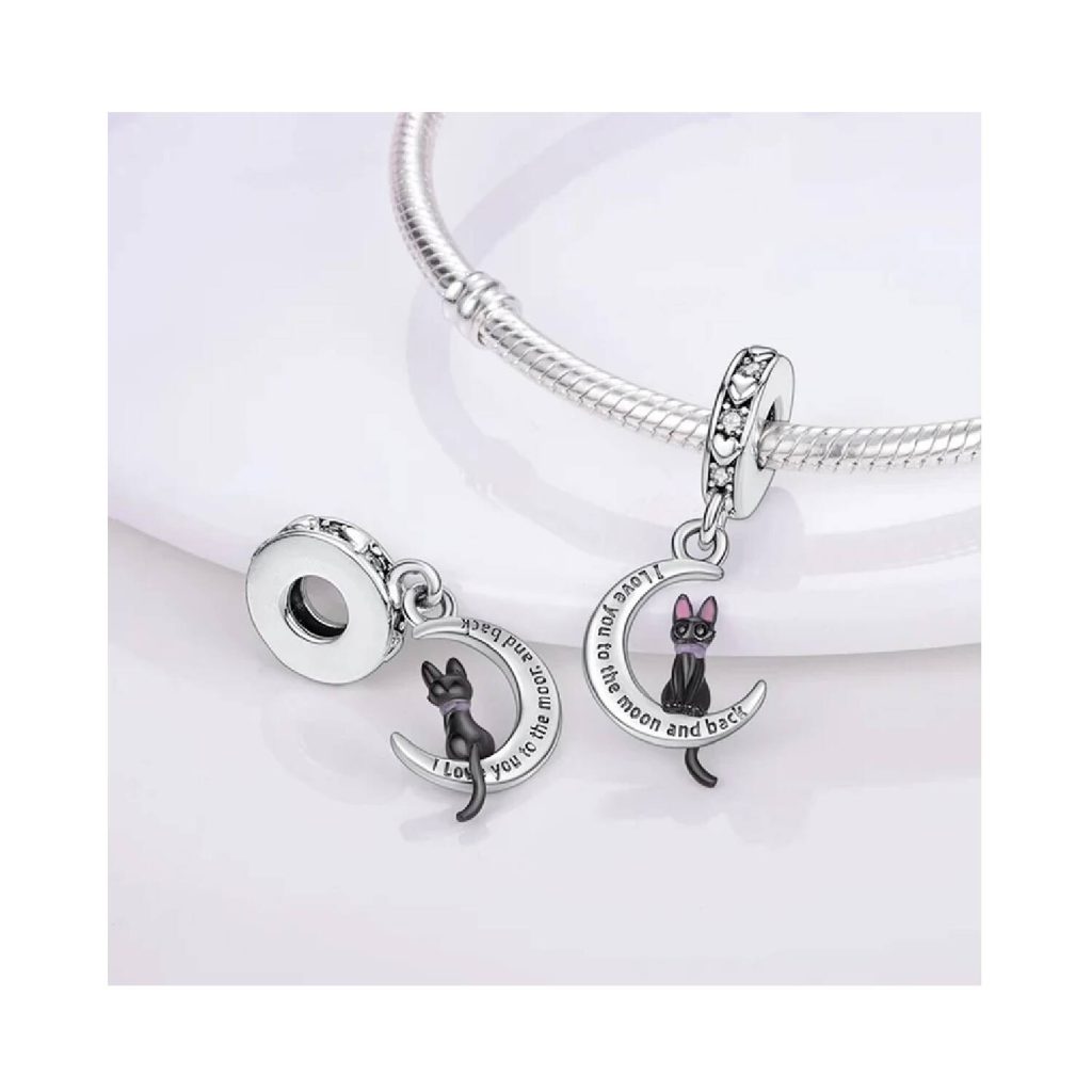 Charm Gato Negro y Media Luna Circones En Plata 925 - Silver Heart