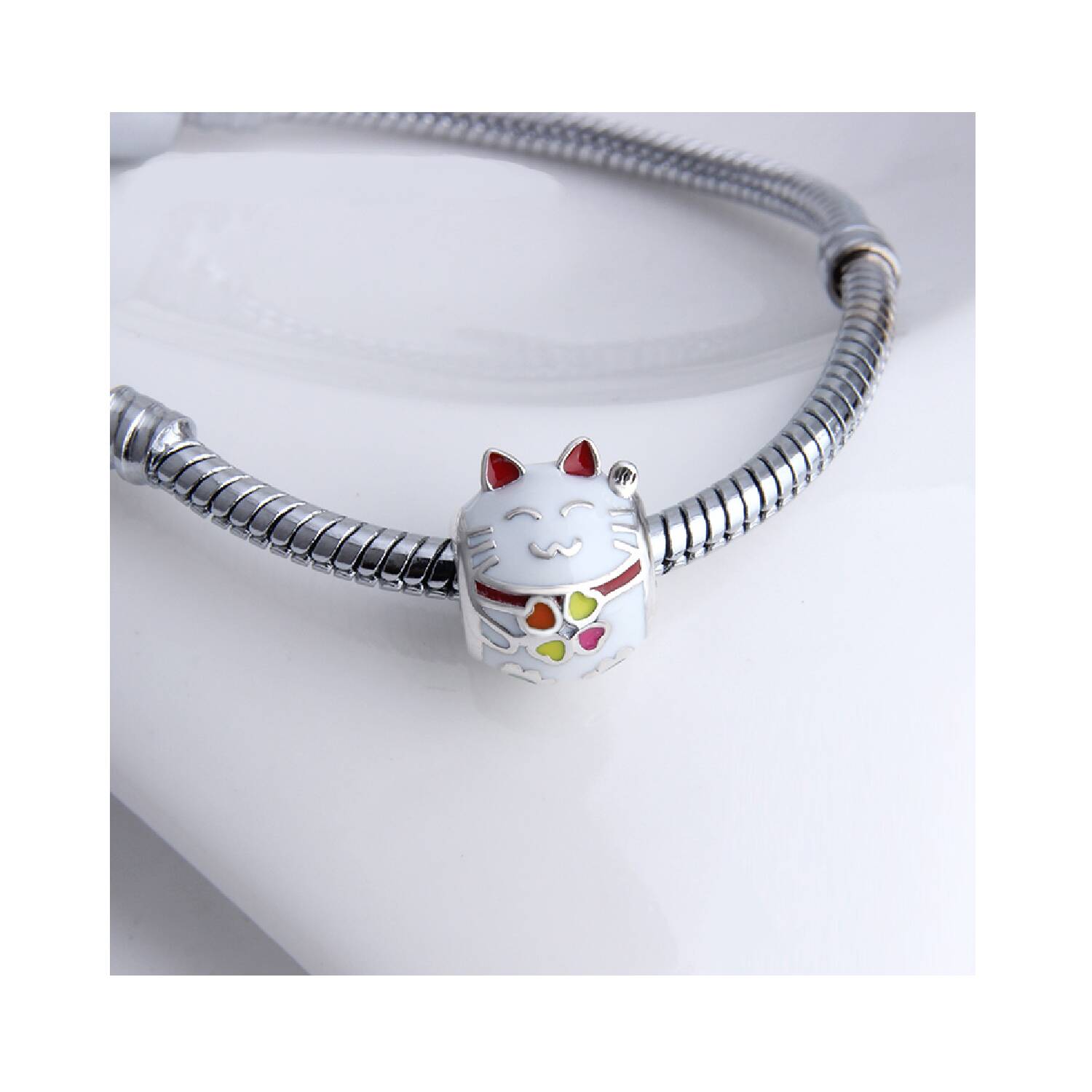 Charm Gato Blanco de la Suerte En Plata 925 - Silver Heart