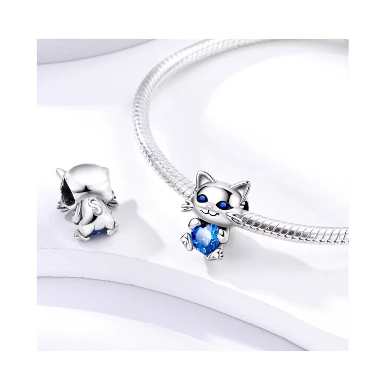 Charm Gatito Tierno y Corazón Azul En Plata 925 - Silver Heart